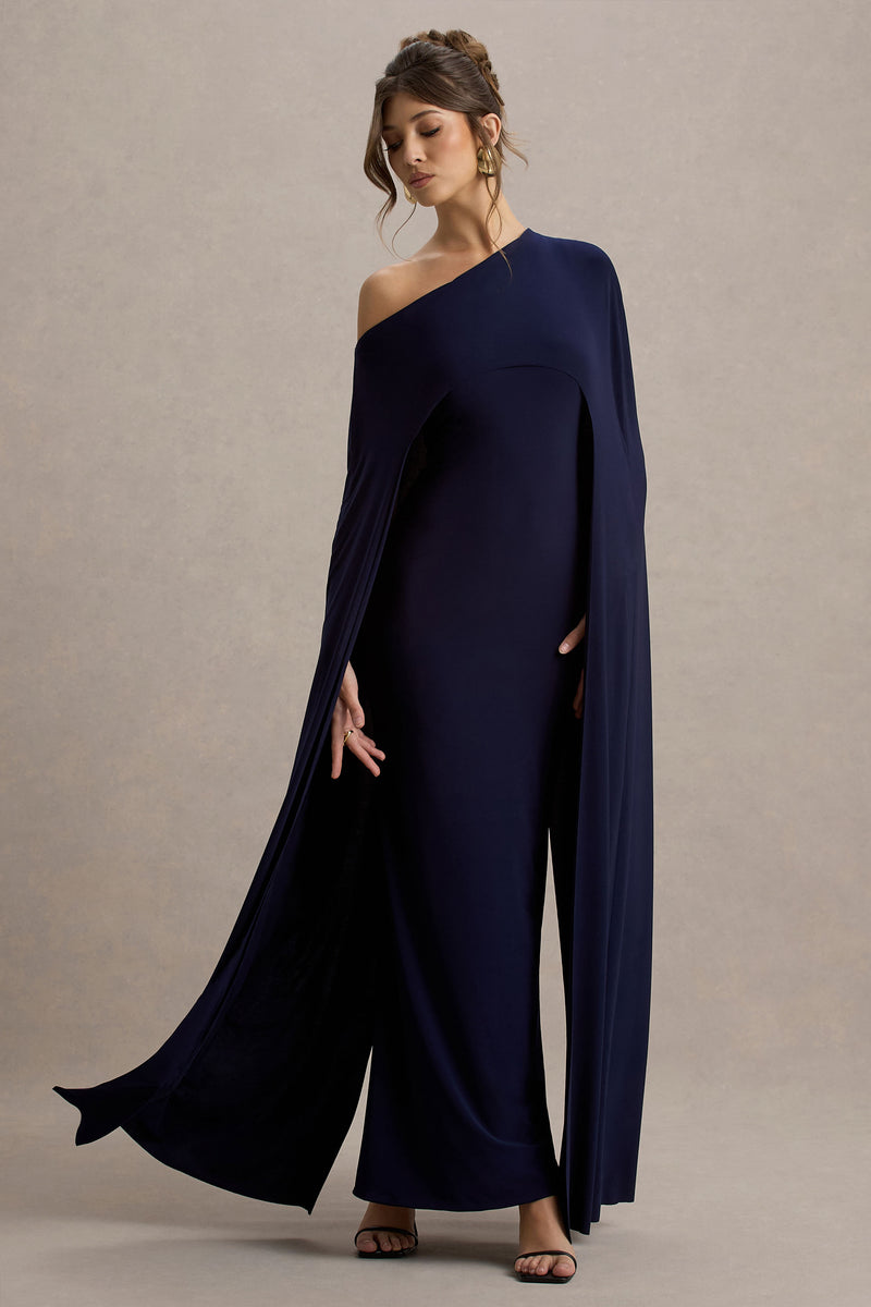 Florentina Robe Longue Bleu Marine à Épaule Unique avec Cape – Club L London - FR