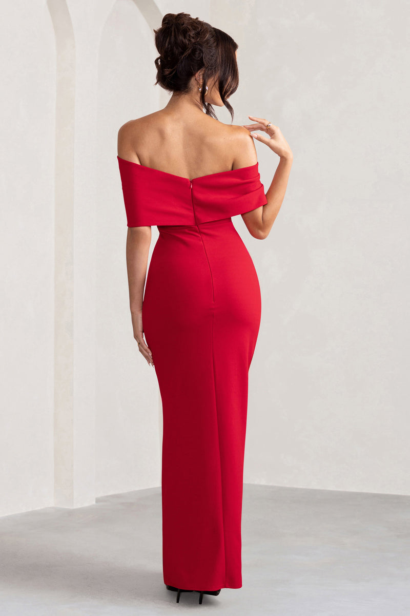 Eva Robe longue rouge bardot avec nœud et fente – Club L London - FR