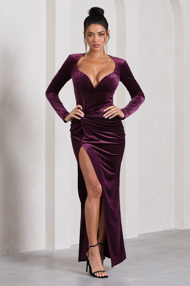 Vin Chaud Robe longue en velours violet à manches longues et fente s ...