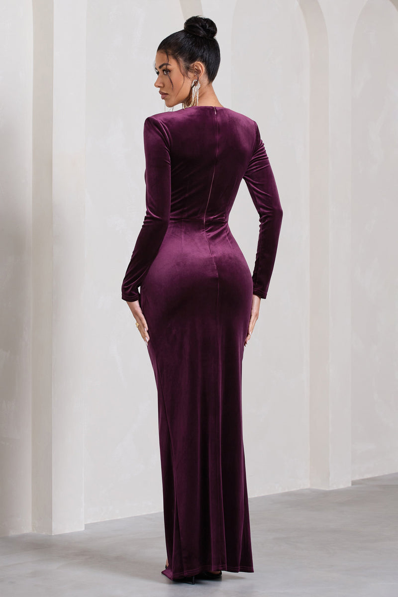 Vin Chaud Robe longue en velours violet à manches longues et fente s ...