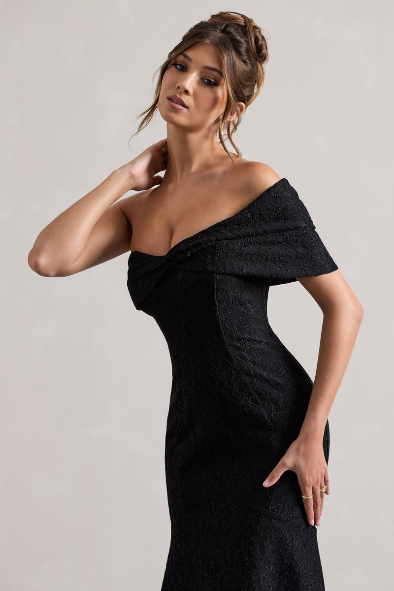 Masquerade Robe longue dentelle noire à décolleté asymétrique torsad ...