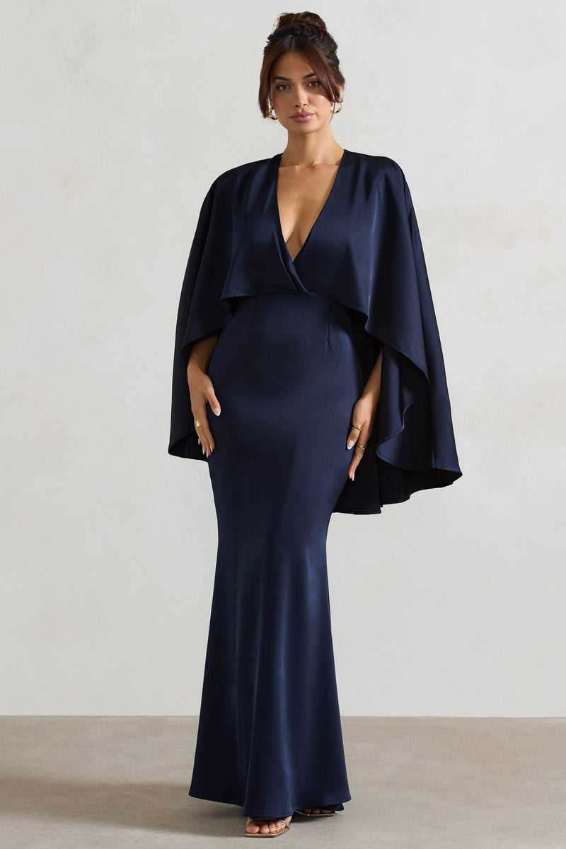 Yasie Robe longue bleu marine en satin avec décolleté plongeant et m – Club L London - FR