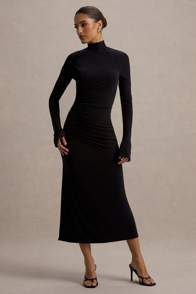Cassandra Robe mi-longue noire à col montant et manches longues – Club ...