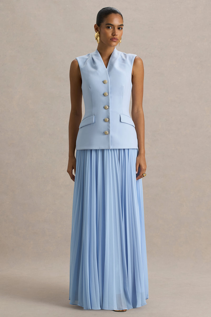 Heavenly Robe longue bleu poudre à col montant et détails plissés ...