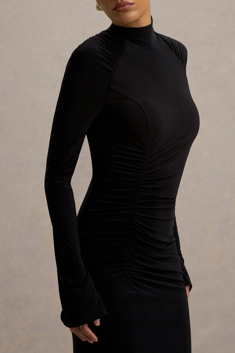 Cassandra Robe mi-longue noire à col montant et manches longues – Club ...