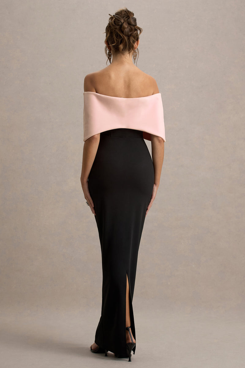 Cornelia Robe Longue Sans Bretelles Rose et Noire avec Nœud Oversize ...
