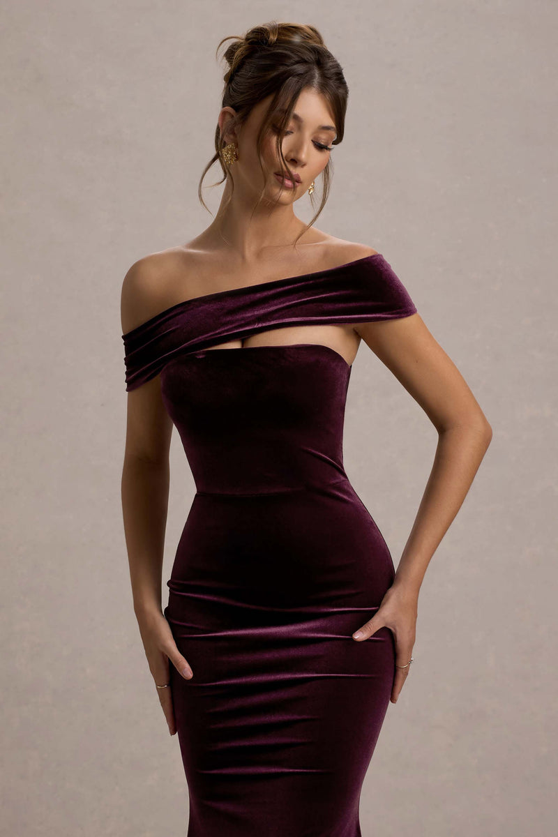 Candela Robe longue en velours violet à encolure bardot asymétrique ...