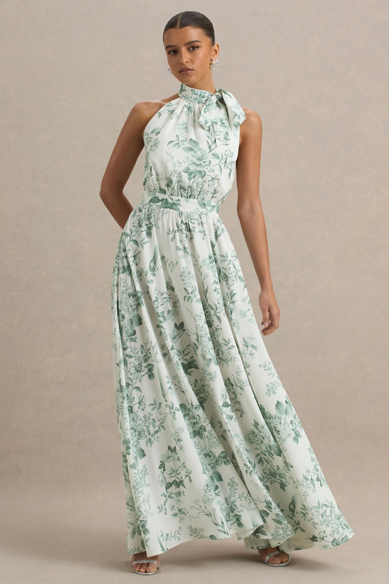 Talia Robe longue imprimé floral vert à encolure haute avec fente ha ...