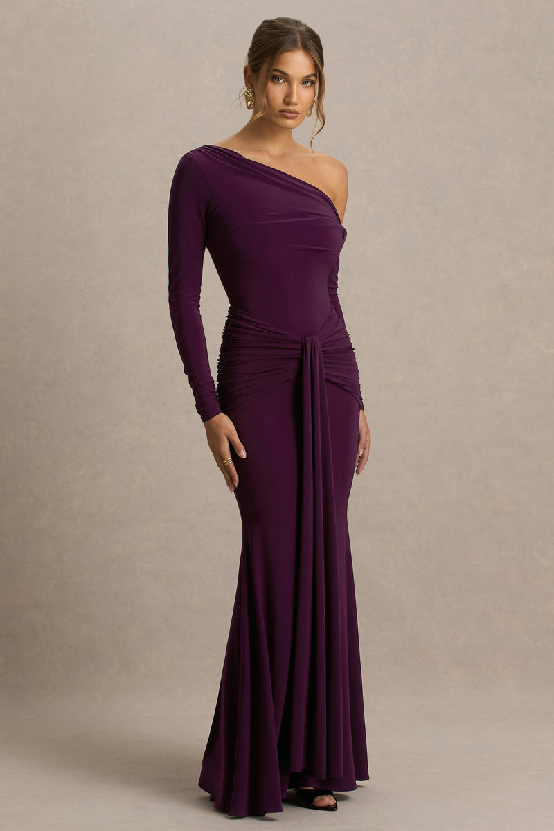 Clover Robe longue bordeaux à encolure asymétrique avec drapé et nœu ...