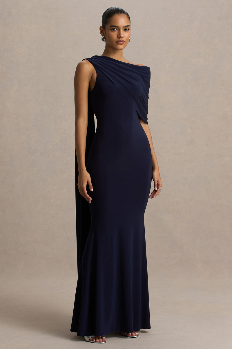 Tiana Robe longue bleu marine à encolure asymétrique avec détail dra ...