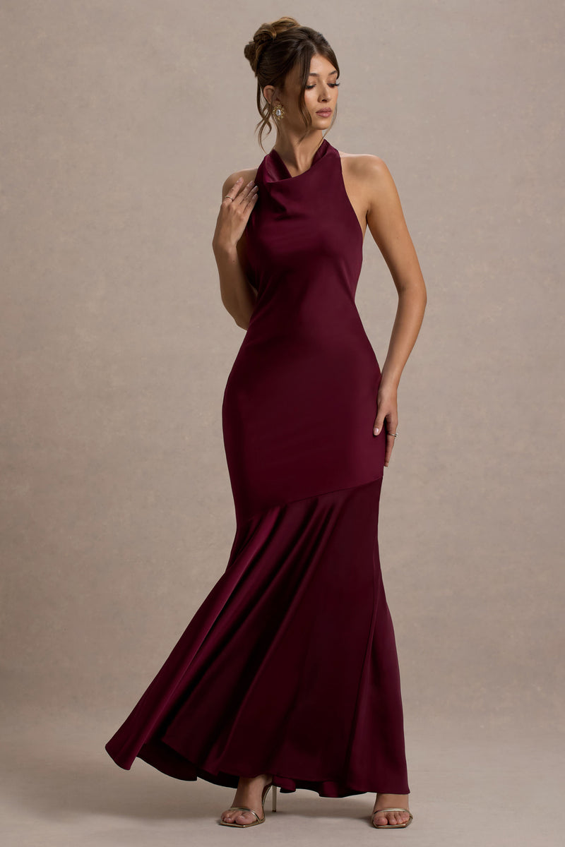 Amelita Robe Longue En Satin Rouge Bordeaux à Col Béniter – Club L ...