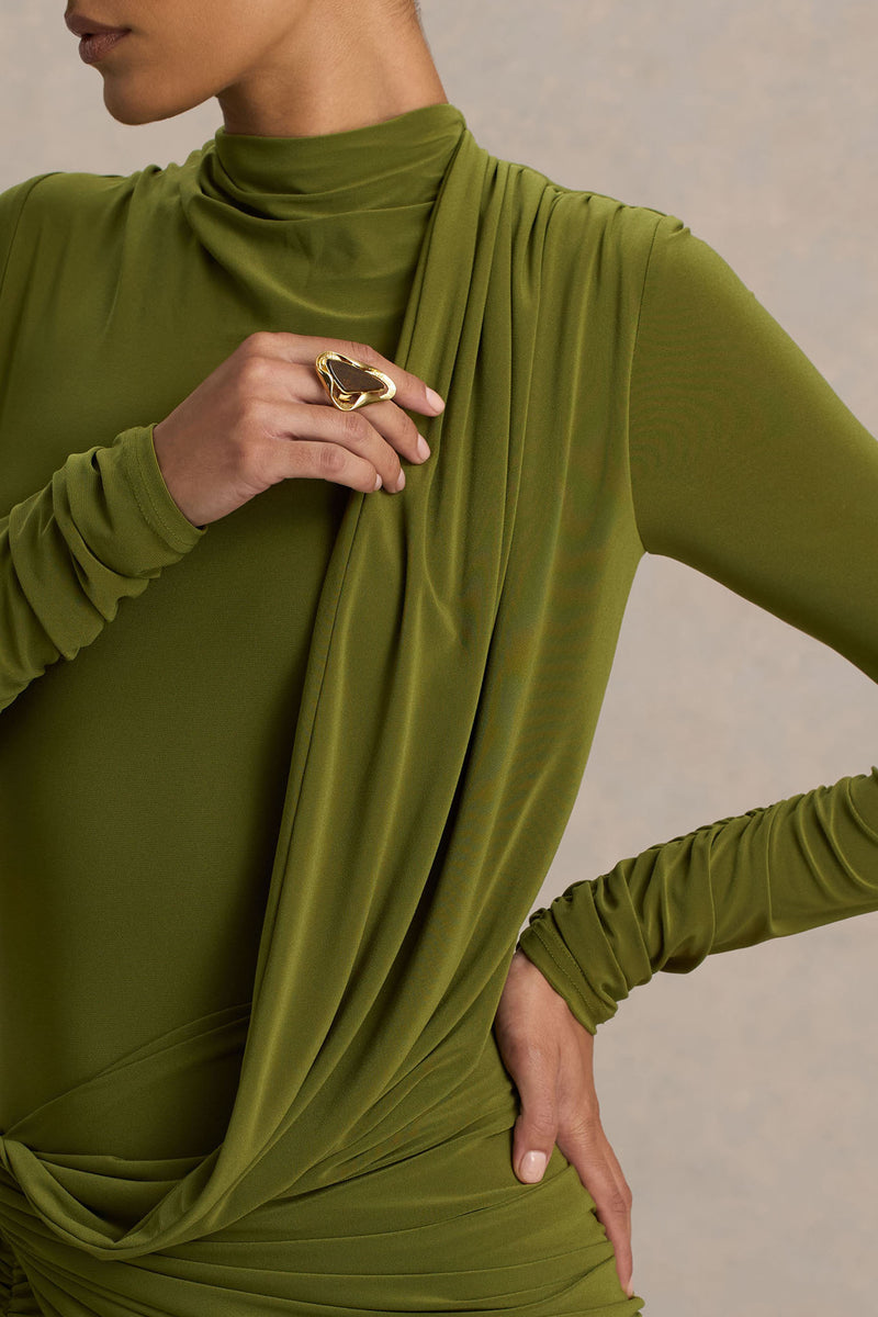 Melissa Robe longue olive à manches longues avec drapés et ceinture ...