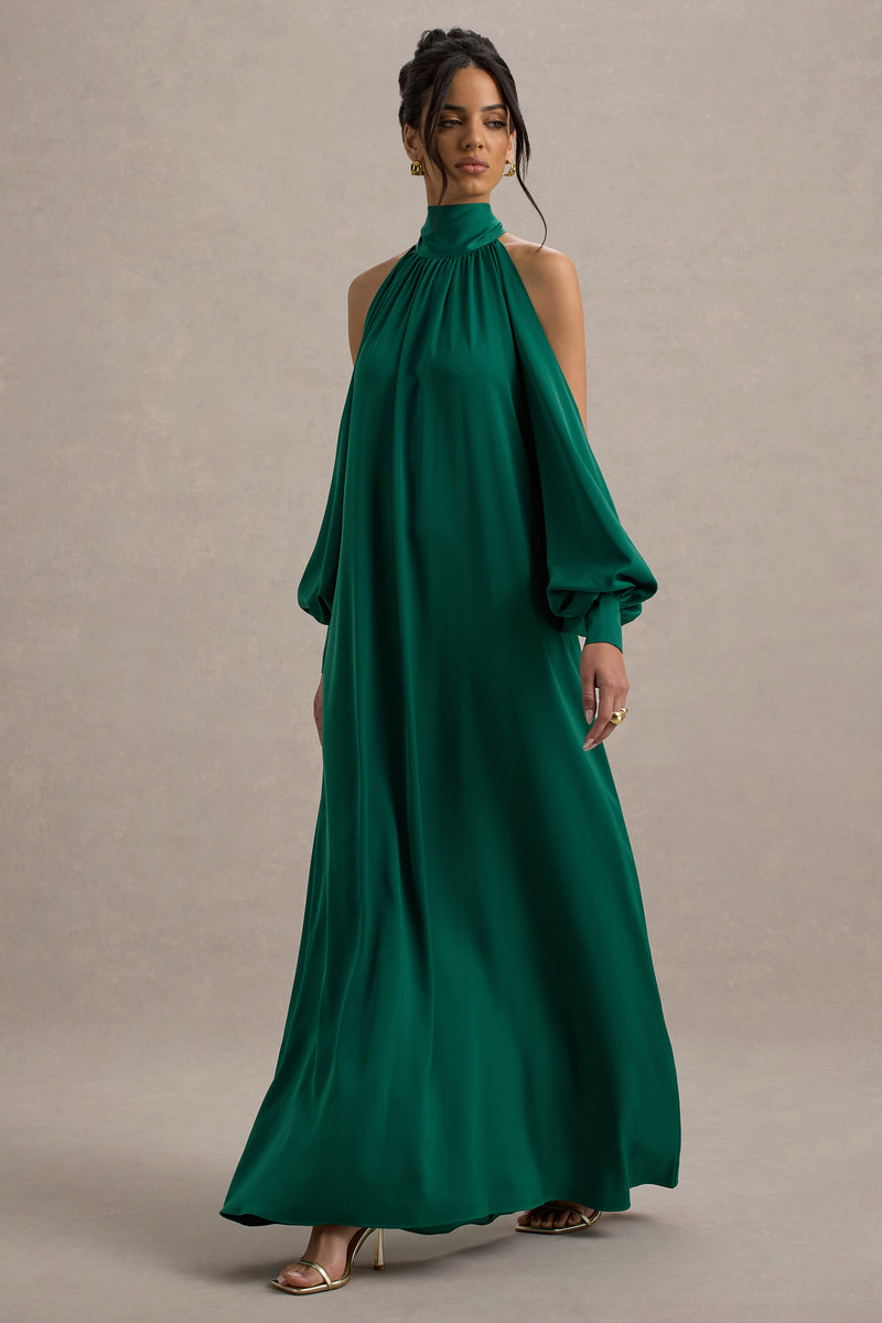 Baila Robe Longue Satin Couleur Vert Bouteille à Col Haut et Manches – Club L London - FR