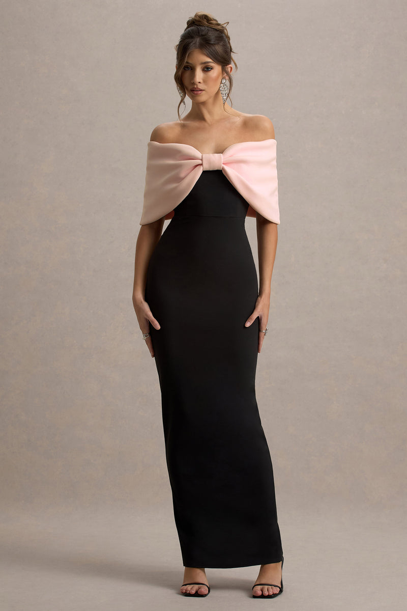 Cornelia Robe Longue Sans Bretelles Rose et Noire avec Nœud Oversize ...