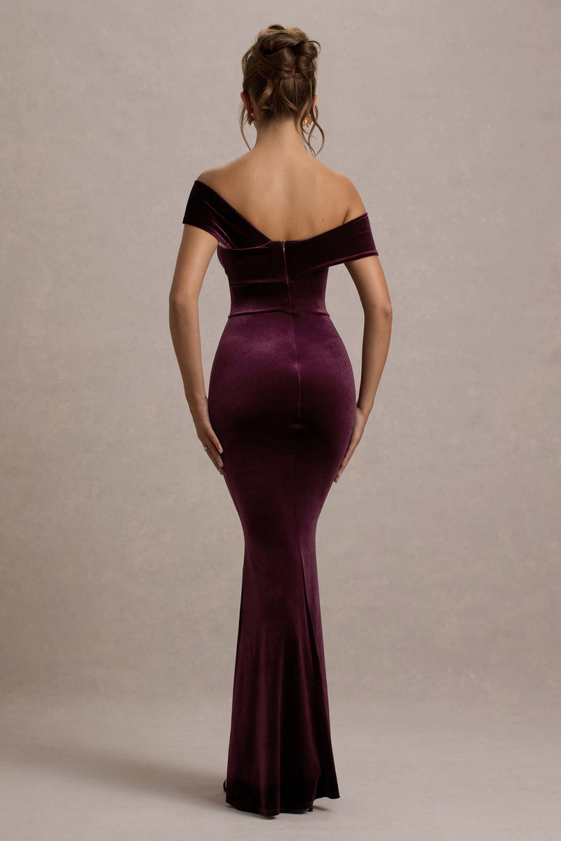 Candela Robe longue en velours violet à encolure bardot asymétrique ...