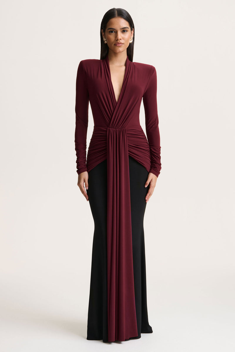 Halston Robe longue bordeaux et noire à décolleté plongeant avec dét ...