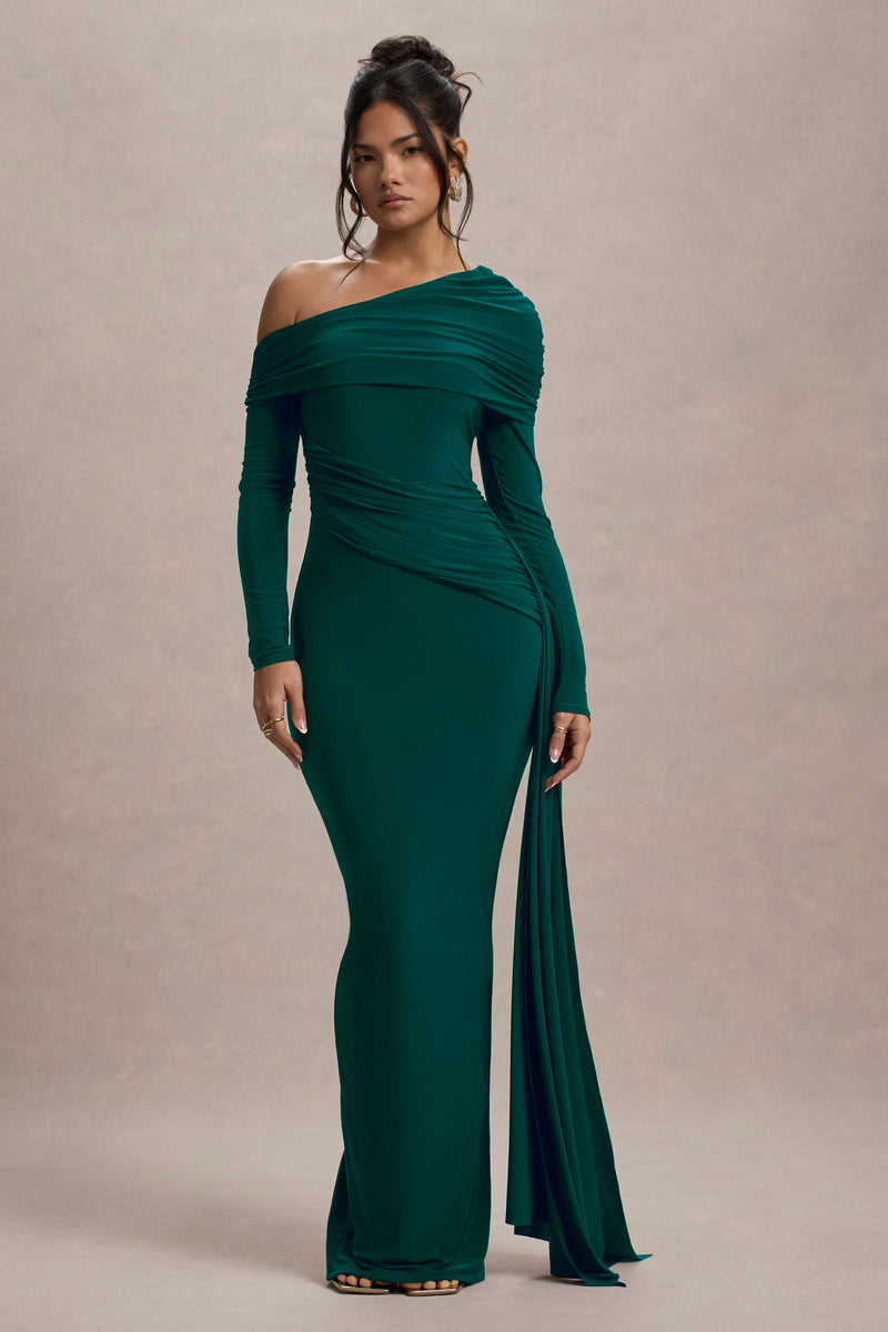 Valina Robe longue asymétrique vert froncée avec drapé – Club L London - FR